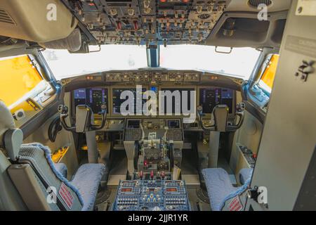 Boeing 737 Max aircraft cockpit static display at Farnborough Airshow ...