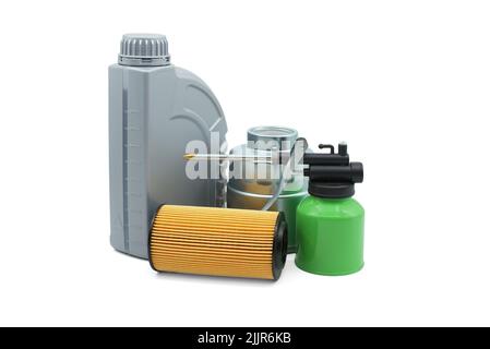 Motor oil, hand oiler and oil filters isolated on a white background ...