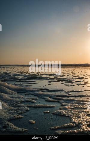 A vertical shot of waves washing the coastline of Sandfly Bay, Dunedin ...