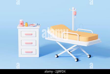 A stretcher and medicine cabinet in the blue background, 3d rendering ...