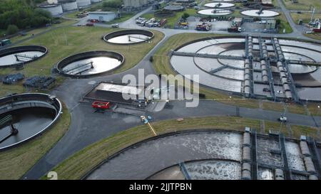 Wastewater treatment plant, round pools for filtration of dirty or ...