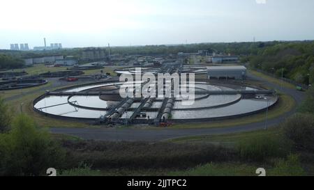 Aerial top view of wastewater treatment plant, filtration of dirty or ...