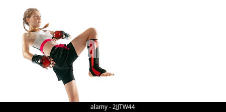Dynamic portrait of young girl, junior MMA fighter in action, motion ...