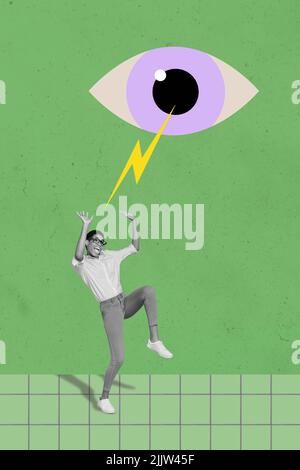 Creative vertical collage portrait of huge hand finger black white ...