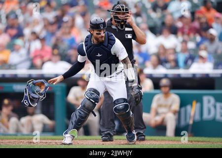 DETROIT, MI - JULY 9: Detroit Tigers catcher Jake Rogers (34) catches ...