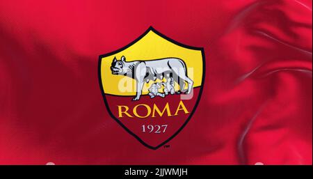 Rome, Italy, July 2022: The flag of AS Roma waving. AS Roma is a ...