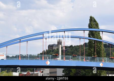 blue bridge across the Lahn with boats below Stock Photo - Alamy