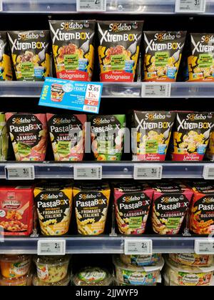 France, Paris, Cartons of instant pasta italian style. Photo © Fabio ...