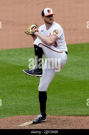 Baltimore Orioles pitcher Bryan Baker throws during the seventh inning ...