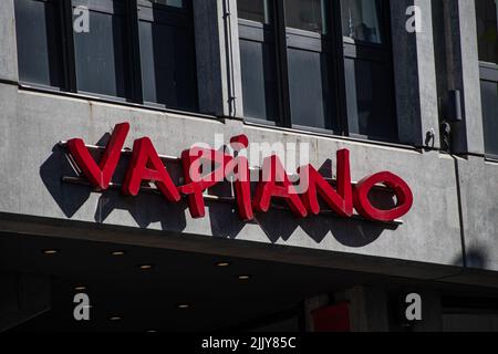 The VAPIANO logo at a restaurant in Duisburg Inner Harbor, gastronomy ...