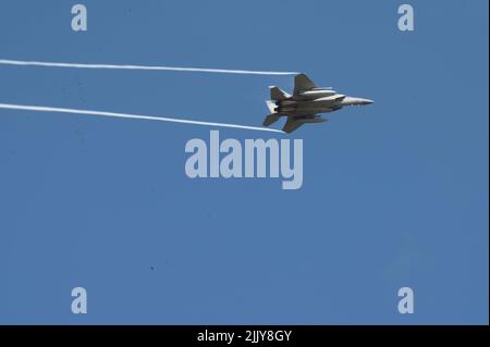 An F-15C eagle fighter jet conducts a strafe run at the Pine Castle ...