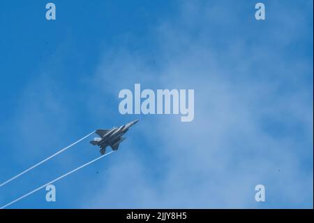 An F-15C eagle fighter jet conducts a strafe run at the Pine Castle ...