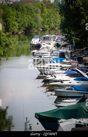 A vertical shot of the motor boats docked at the shore of the ...