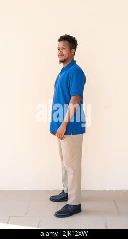 Full length profile portrait of charming positive person write comment ...