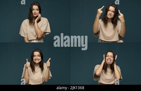 Four woman emotional facial expressions row. Amazed, surprised, shocked ...