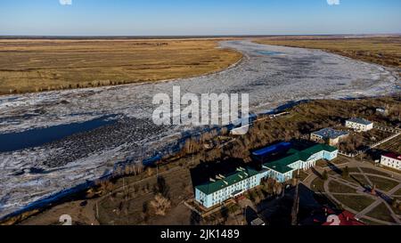 Aerial of Irtysh river, Kurchatov, fomer headquarter of the ...