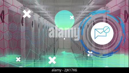 Image of data processing with envelope icon over server room Stock ...