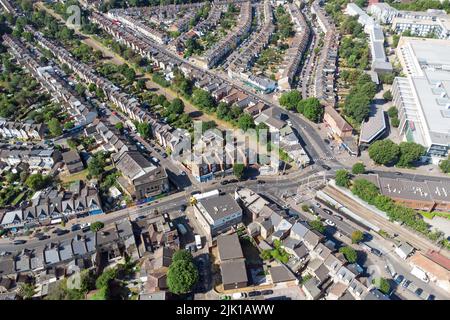 Aerial view of the area of Highams Park including the railway line and ...