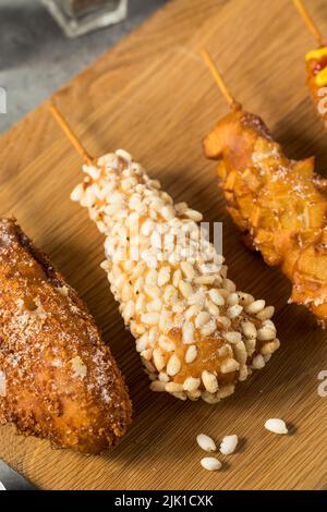 Homemade Fried Korean Corn Dog with Potatoes and Rice Toppings Stock ...