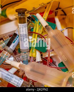 Interior of a yellow Container for hazardous hospital biological waste ...