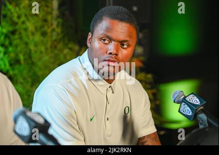 Oregon Ducks linebacker DJ Johnson speaks during PAC-12 Media Day on ...