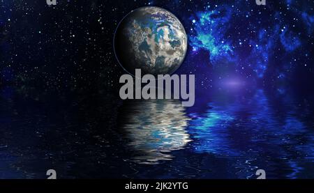 3D illustration Beautiful unusual space planet in space reflected in ...