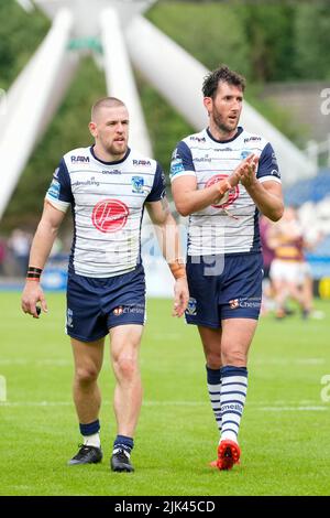 Matt Dufty #1 of Warrington Wolves celebrates his try during the ...