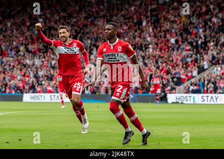 Isaiah Jones #2 of Middlesbrough celebrates his goal with Matt Crooks ...