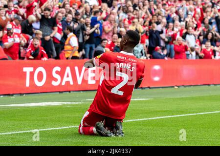 Isaiah Jones #2 of Middlesbrough celebrates his goal to make it 1-1 ...