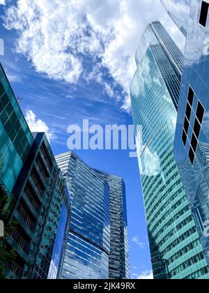 blue sky framed by the tops of skyscrapers, Moscow Manhattan, Moscow ...