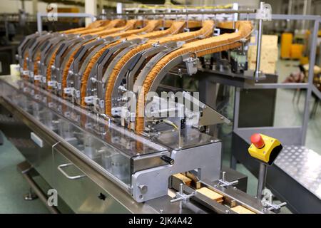 Plant for the production of food flour, a lot of metal pipes through ...