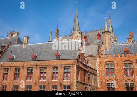 Bruges towers, flemish architecture building facades, Belgium Stock ...