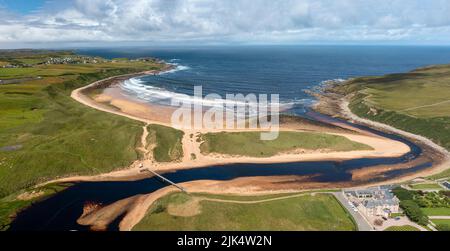 Aerial view of Melvich Bay and Halladale River on North Coast 500 in ...