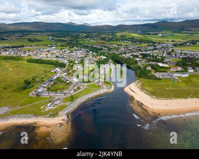Aerial view of village of Brora on North coast 500 in Sutherland ...