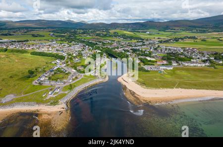 Aerial view of village of Brora on North coast 500 in Sutherland ...