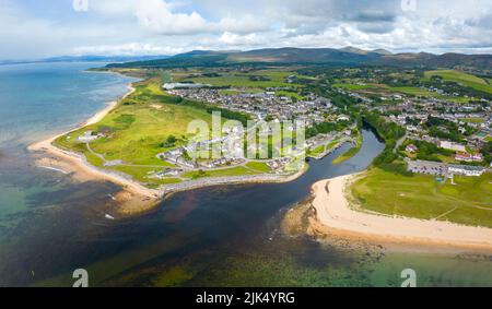 Aerial view of village of Brora on North coast 500 in Sutherland ...