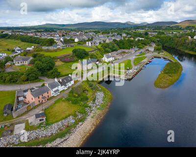 Aerial view of village of Brora on North coast 500 in Sutherland ...