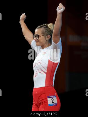 England’s Fraer Morrow celebrates during the Women’s 55kg Weightlifting ...