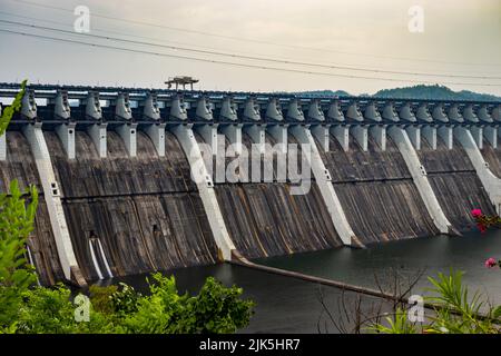 View of Sardar Sarovar Dam from top of the Statue of unity in Kevadiya ...