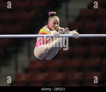 July 30, 2022: Marissa Neal of GAGE does a flip on the balance beam ...