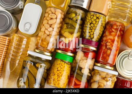 Emergency groceries food background flat lay Stock Photo - Alamy