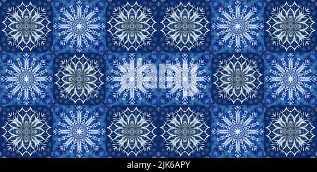 Indigo blue snow flake border background. Frosty batik painterly effect ...