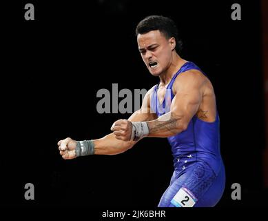 Samoa’s Vaipava Nevo Ioane reacts during the Men’s 67kg Finalat The NEC ...