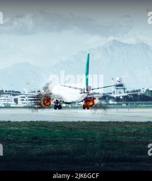 Airplane with burning engine Stock Photo - Alamy