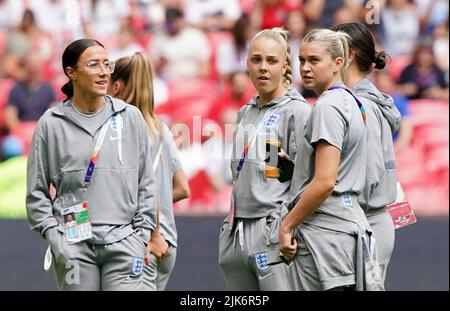England's Alessia Russo and Lucy Bronze during a training session at St ...