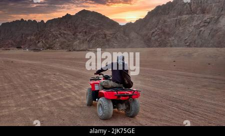 An unrecognizable man on a red quad bike in the Egyptian desert of ...