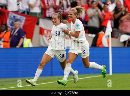 England's Ella Toone, left, celebrates after scoring her side's fourth ...
