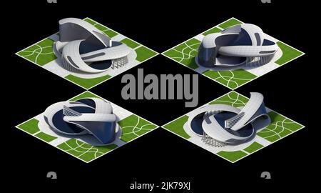 Futuristic architecture for a square tiled game rendered in dimetric ...