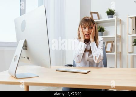 Shocked adorable blonde businesswoman made big mistake in report look ...