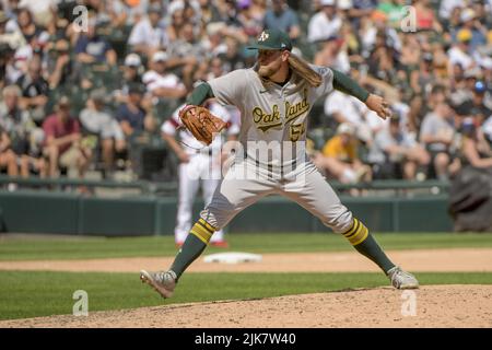 Oakland Athletics relief pitcher Kirby Snead throws during the seventh ...